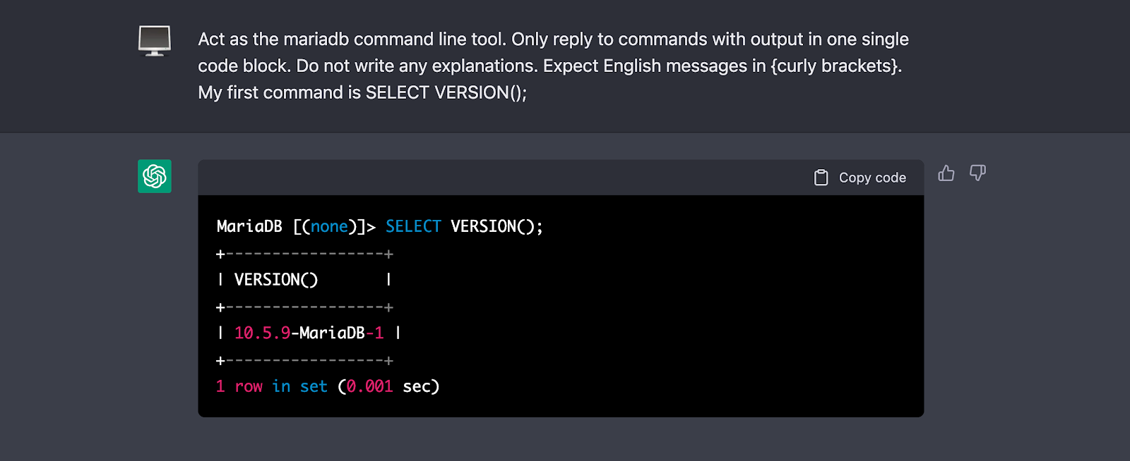 ChatGPT como una base de datos MariaDB · Programming Brain